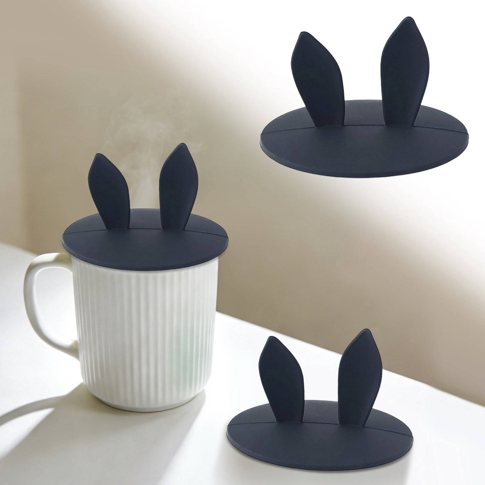 Black Rabbit Ear Silicone Cup Lid,Silicone Cup Lids 3.9 inch Mug Cover ...