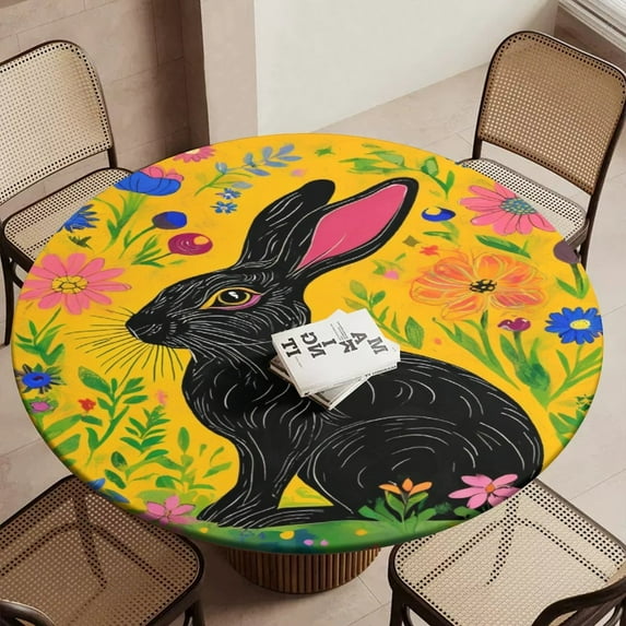 Black Rabbit Floral Garden Round Table Cover Kitchen Printed Waterproof ...