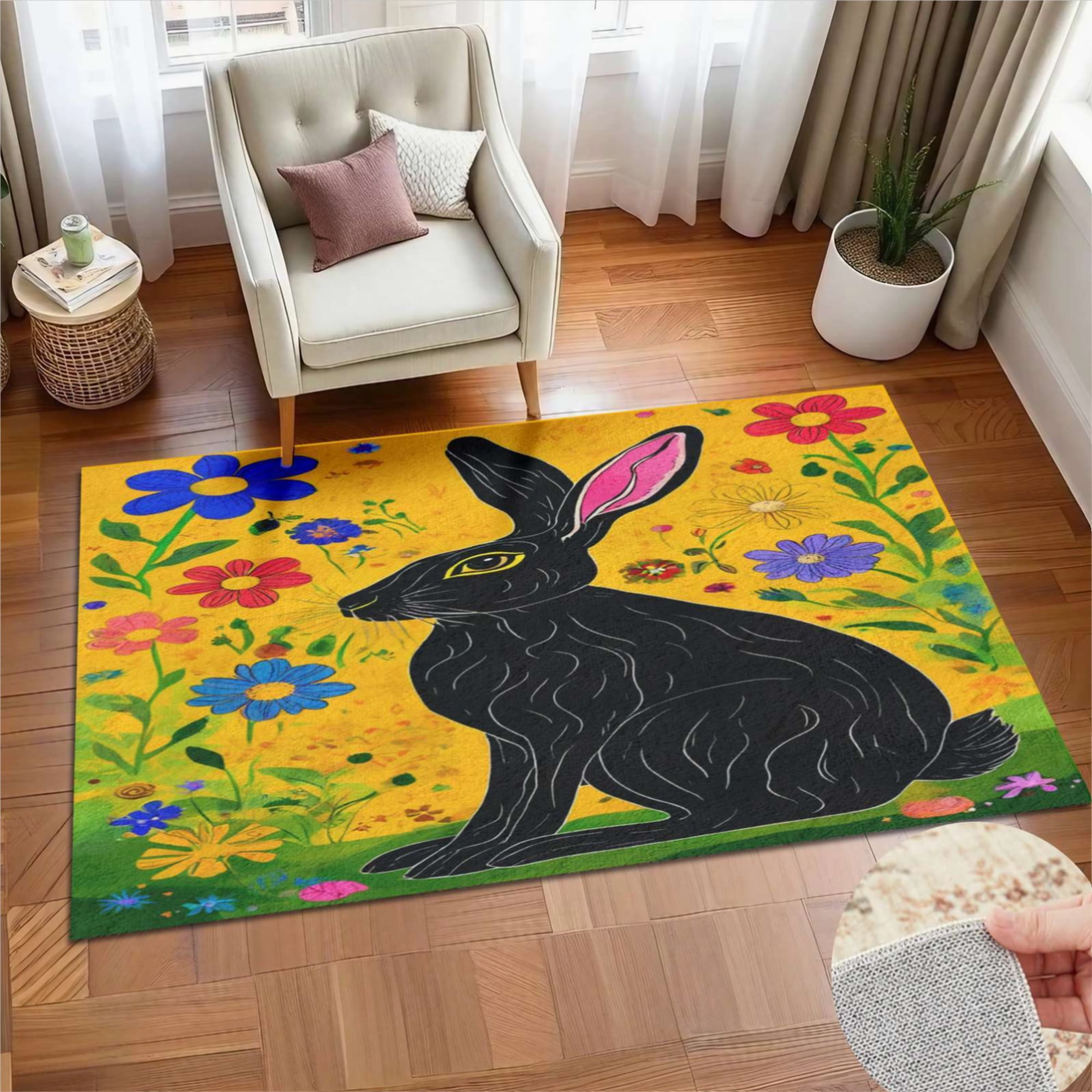 Black Rabbit Floral Garden Soft Large Area Rugs Washable Rug With Non ...