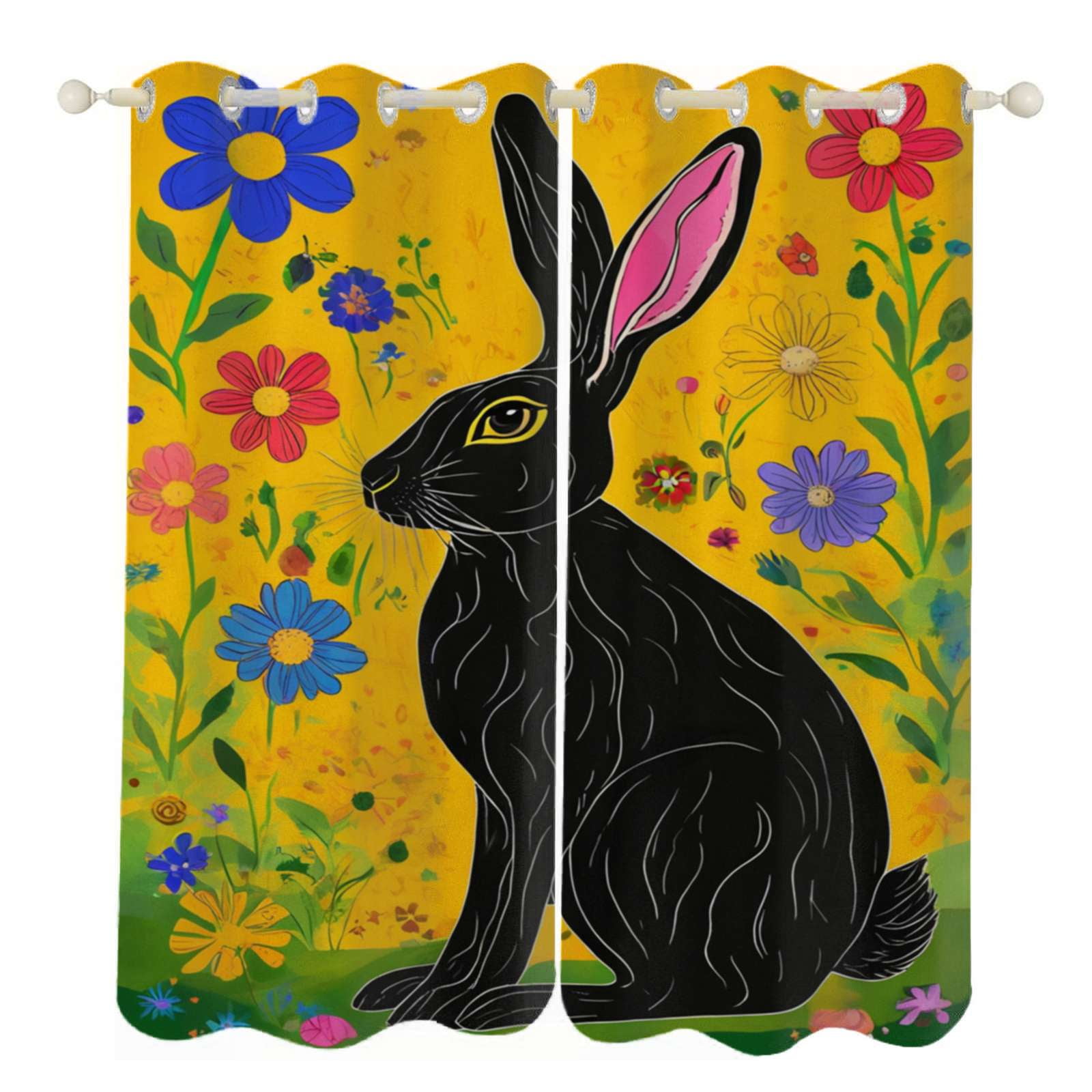 Black Rabbit Floral Garden Sunshade Curtains Home Bedroom Living Room ...