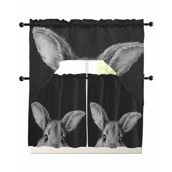 Black Rabbit Kitchen Curtains Set for Windows 3 Piece Cafe Curtains 24 ...