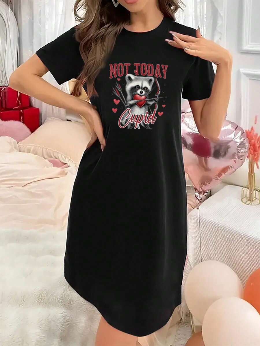 Black Raccoon Cupid Print Sleep Dress, Crew Neck, Knee Length - Walmart.com
