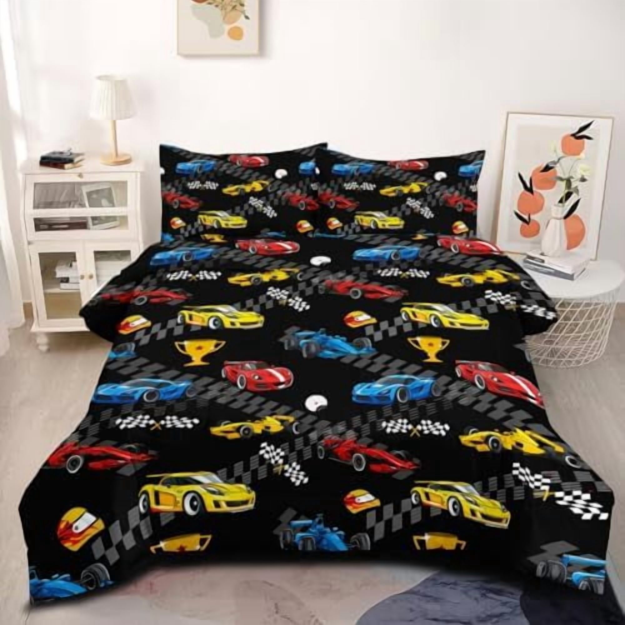 Black Racing Car Comforter Set Full Size, Vibrant Race Car Pattern ...