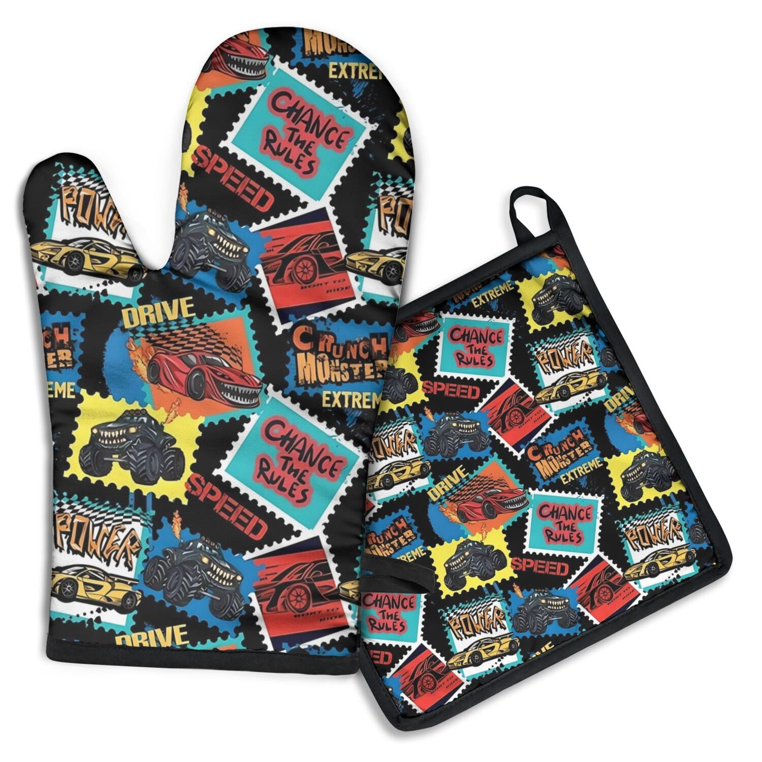 Black Racing Monster Cartoon Trucks Pattern Kitchen Oven Mitt and Pot ...