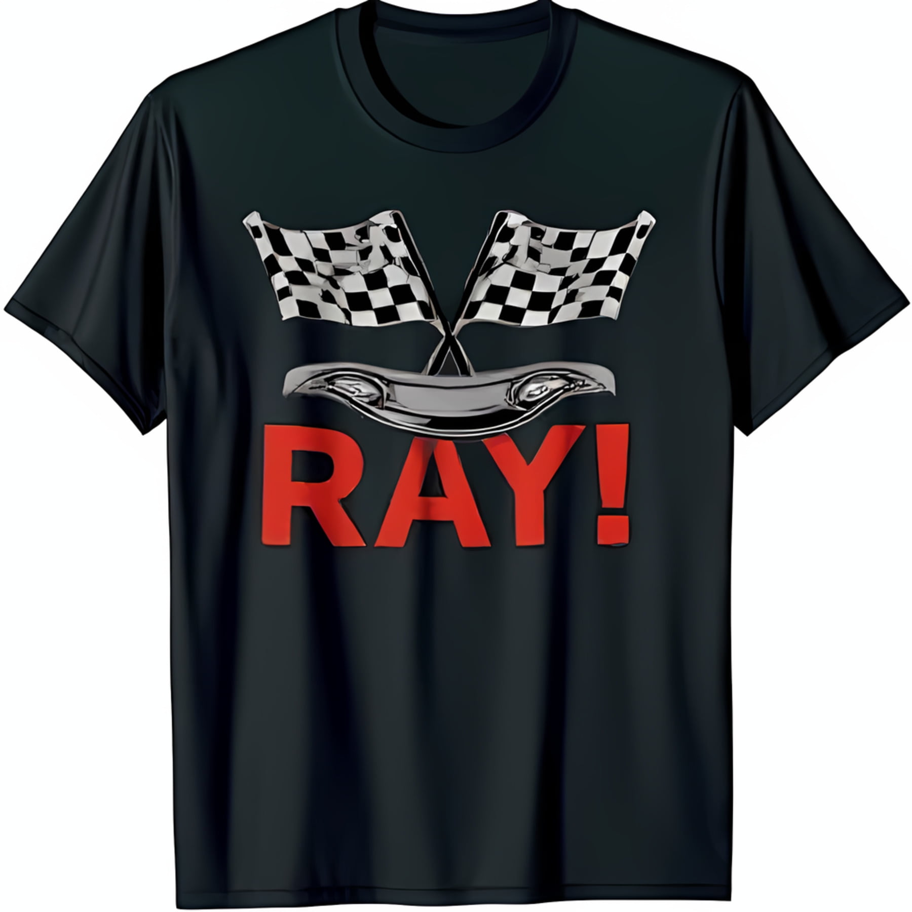 Black Racing T-Shirt with Checkered Design & Bold 'RAY' Name Car Grille ...