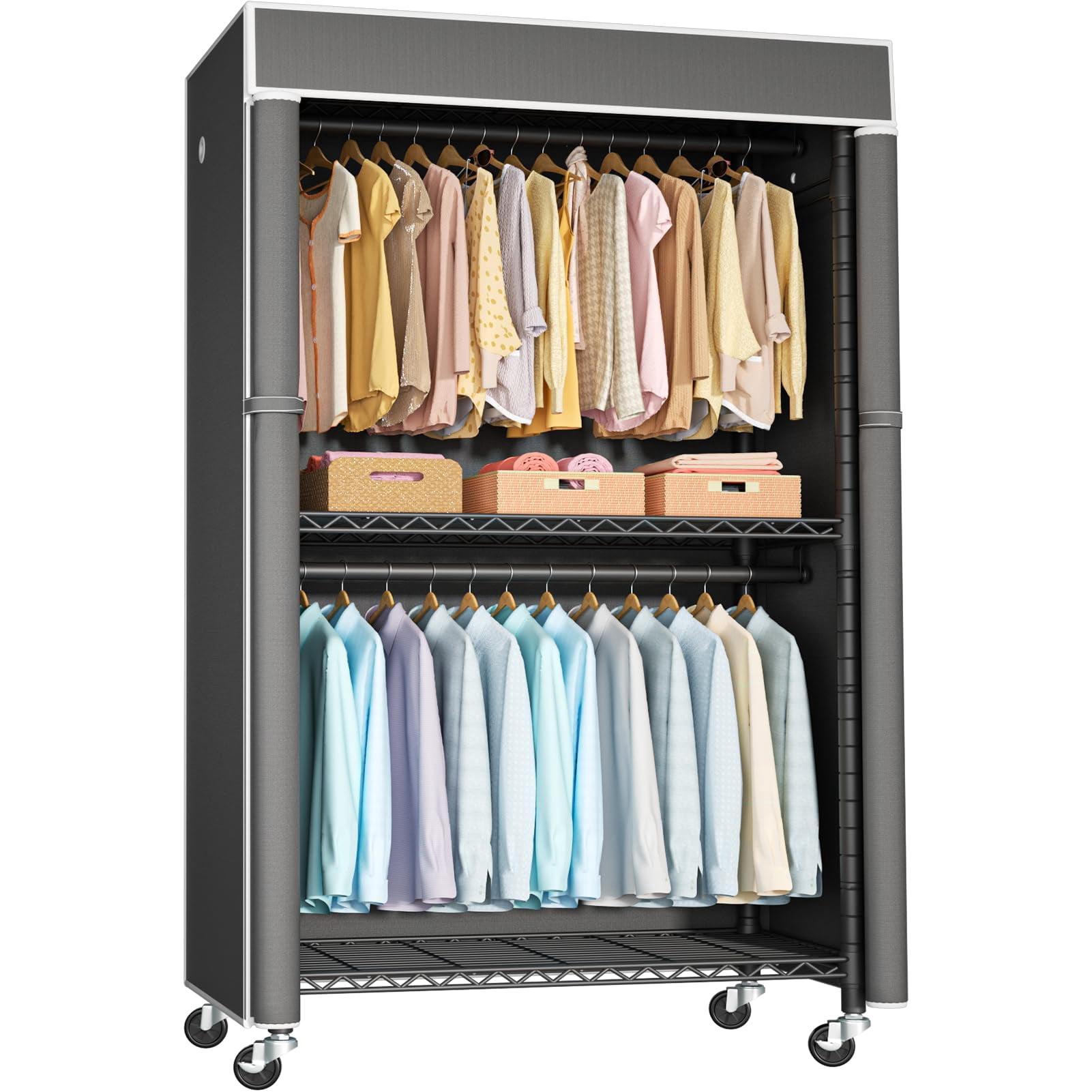 Black Rack With Dark Gray Cover Metal Garment Hanging Clothes Storage ...