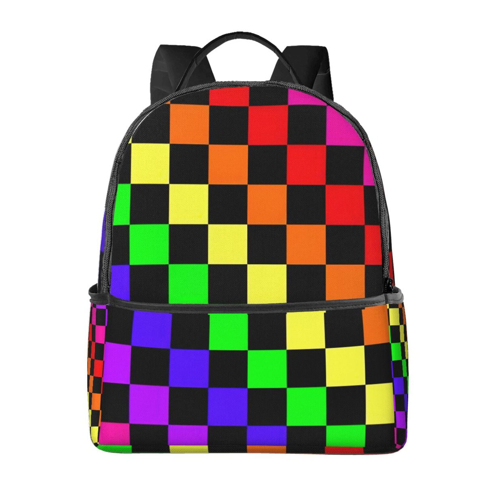 Black Rainbow Checkerboard Pattern Backpack for Men Women Laptop ...