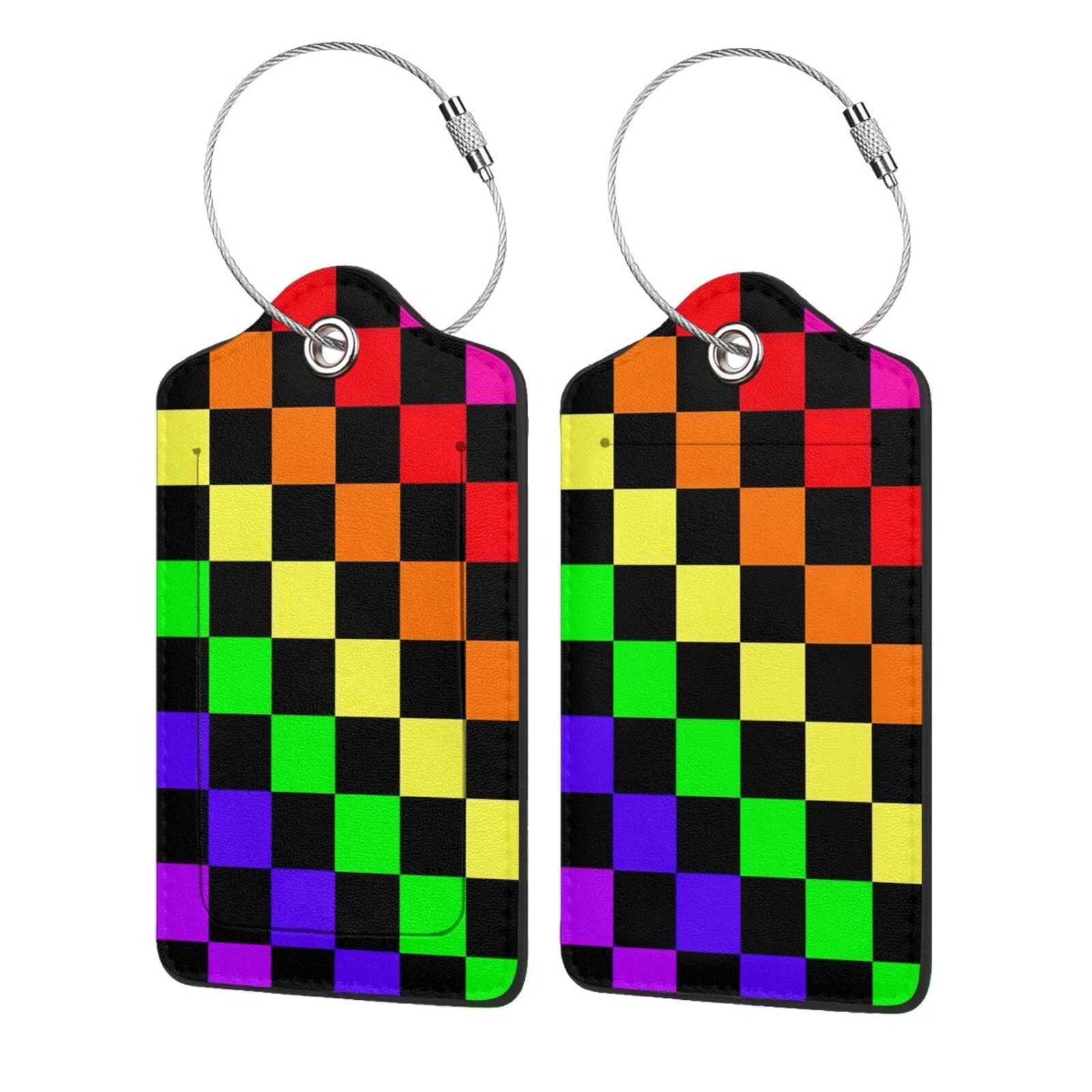 Black Rainbow Checkerboard Pattern Luggage Tags for Suitcase PU Privacy ...
