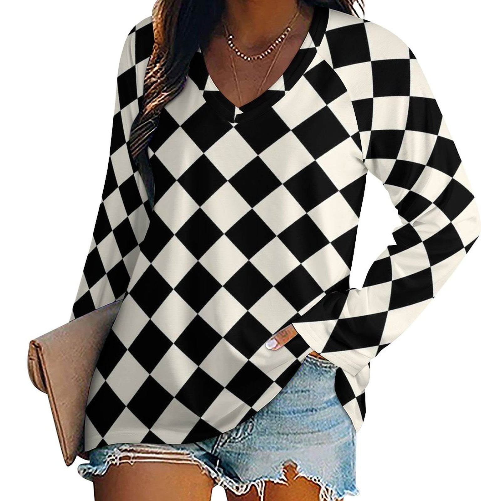 Black Rainbow Checkerboard Pattern T Shirts for Women Long Sleeve ...