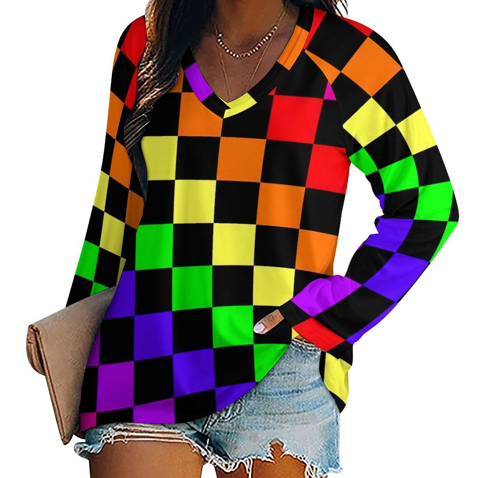 Black Rainbow Checkerboard Pattern T Shirts for Women Long Sleeve ...