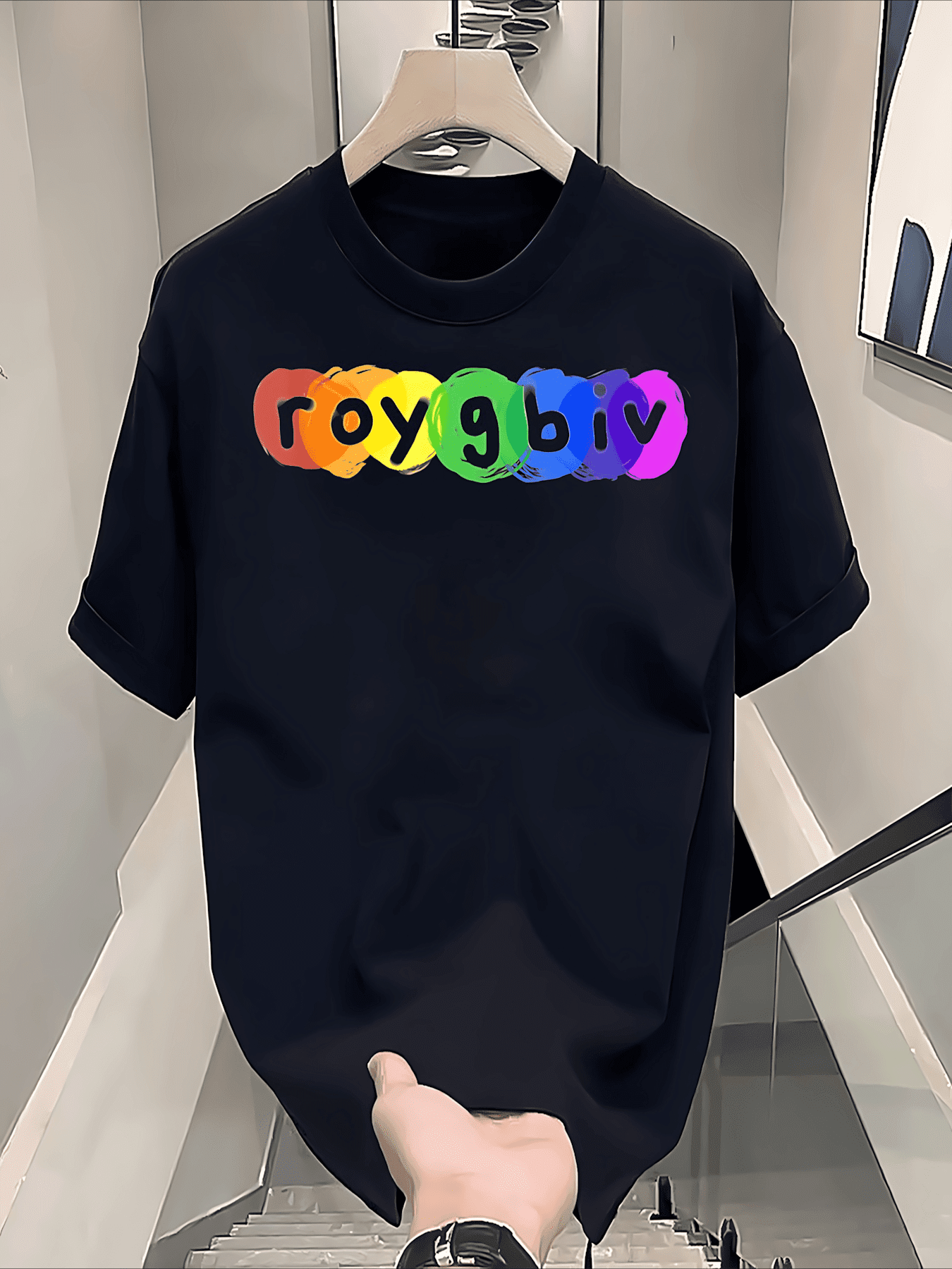 Black Rainbow Graphic Mens Crew Neck Cotton T-Shirt Casual Oversized ...