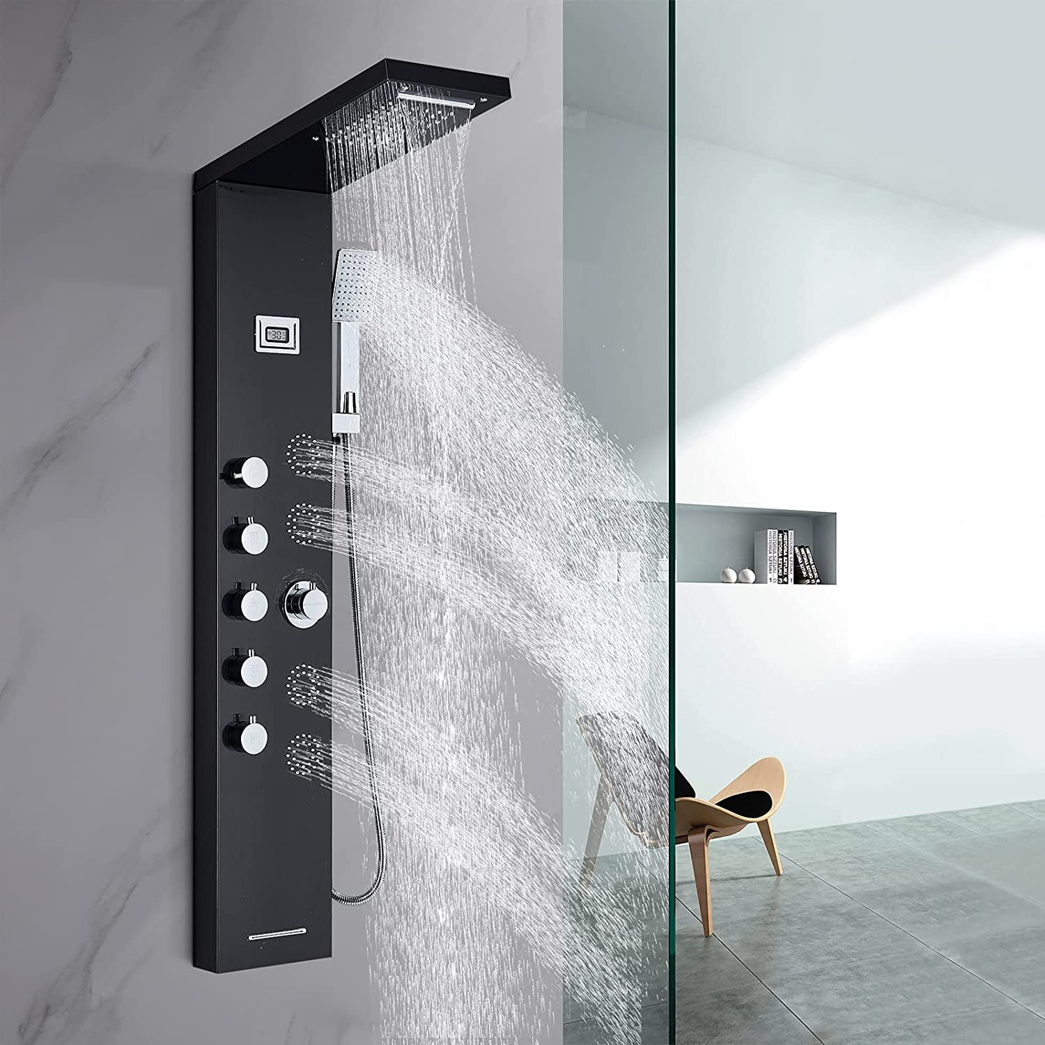 Black Rainfall Waterfall Shower Tower Panel System Shower Tower with ...