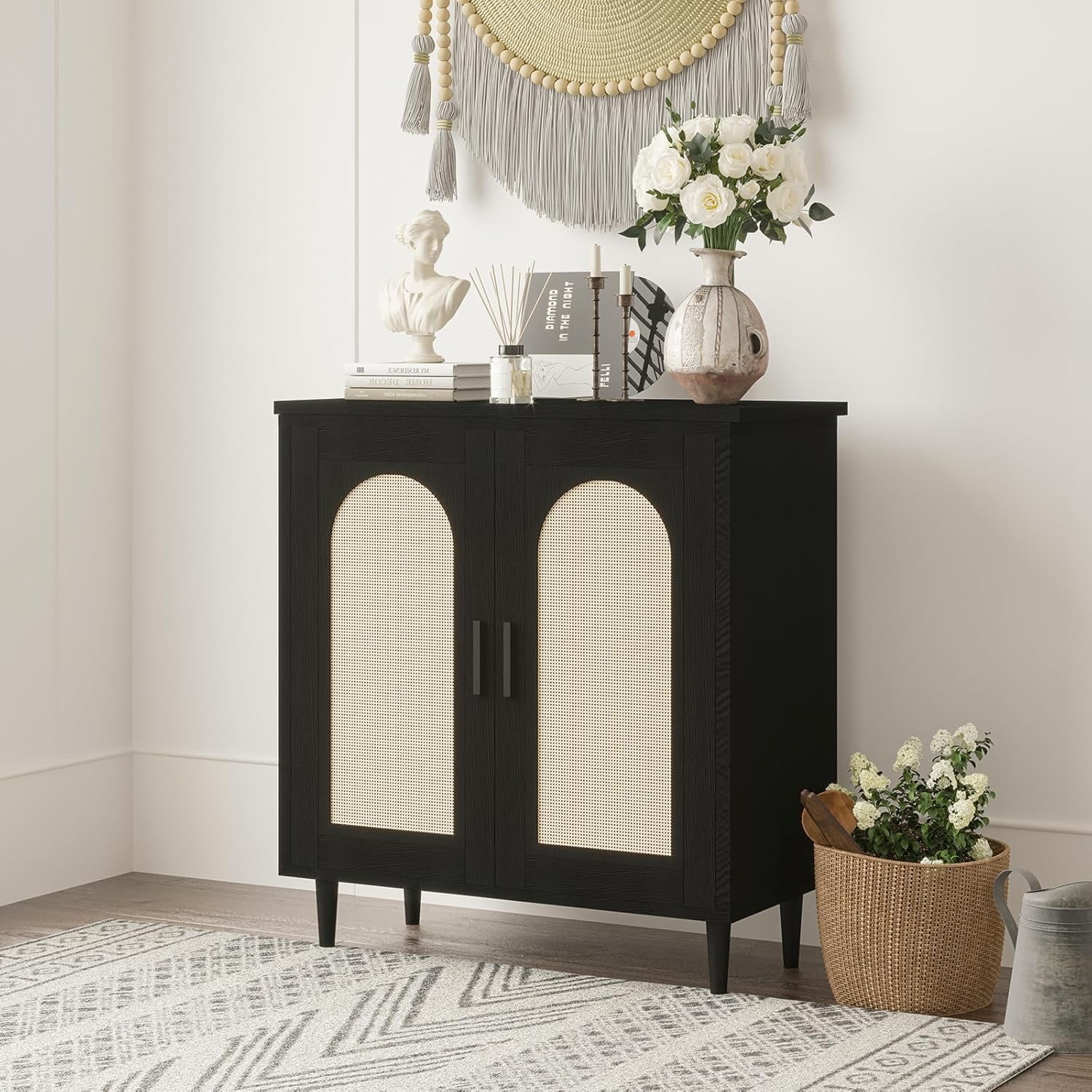 Black Rattan Buffet Cabinet with Storage, Single Door Accent Console Table for Entryway, Dining ...