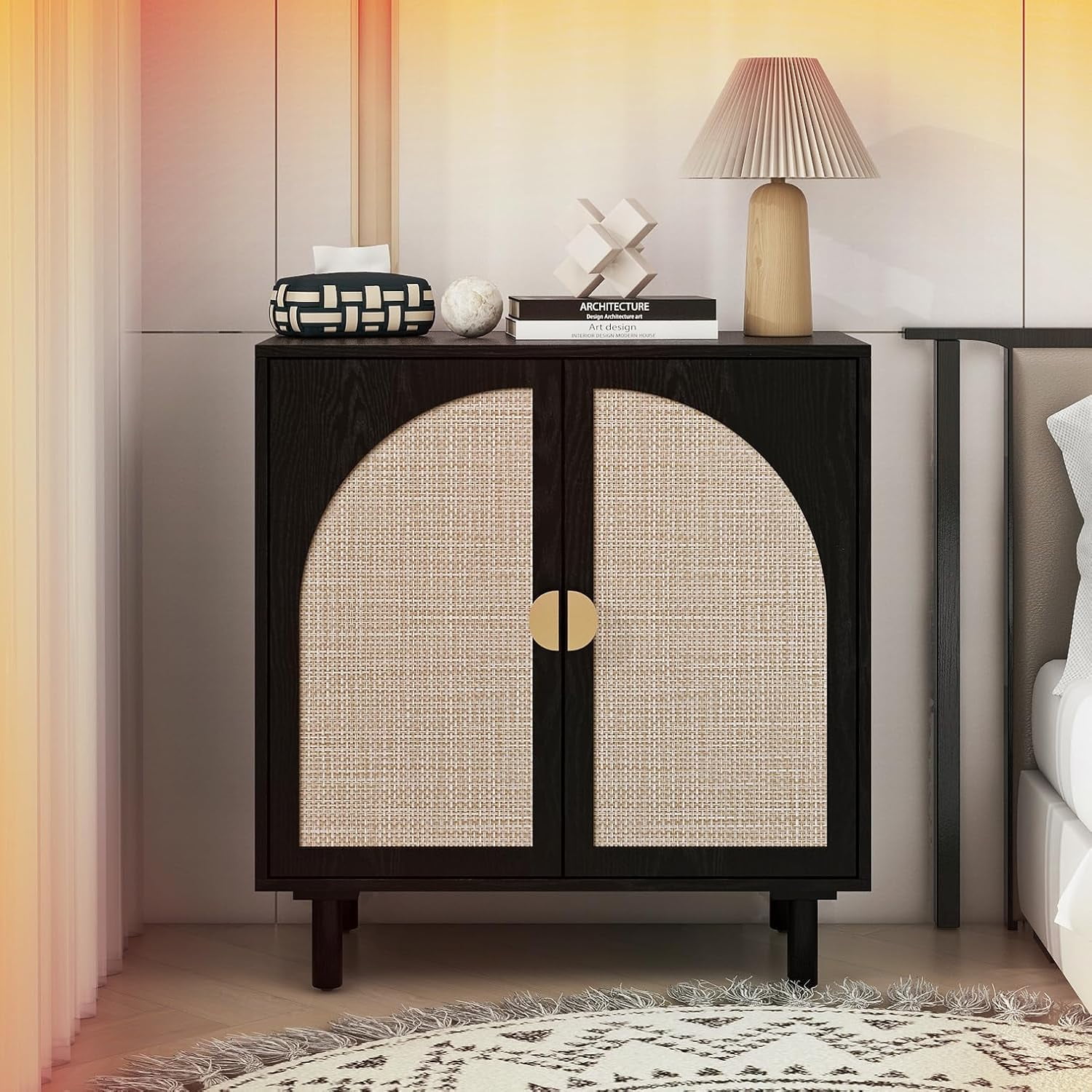 Black Rattan Cabinet-2-Doors,Sideboard Buffet Cabinet with Storage ...