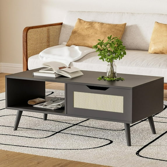 Black Rattan Coffee Table, Mid Century Modern with Drawer & Shelf, 39 ...