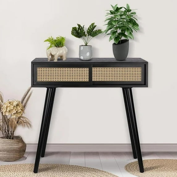 Black Rattan Console Sofa Table, Small Entryway Dresser Side Table for ...