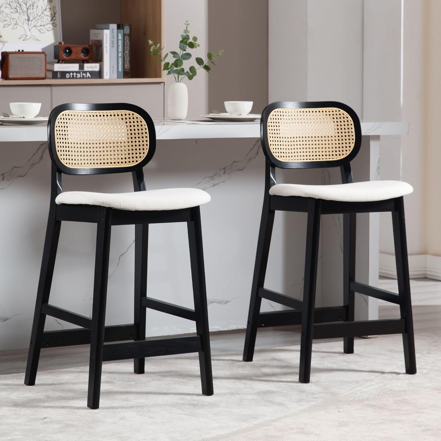 Black Rattan Counter Stools Set of 2 Farmhouse Wooden Bar Stools Linen ...