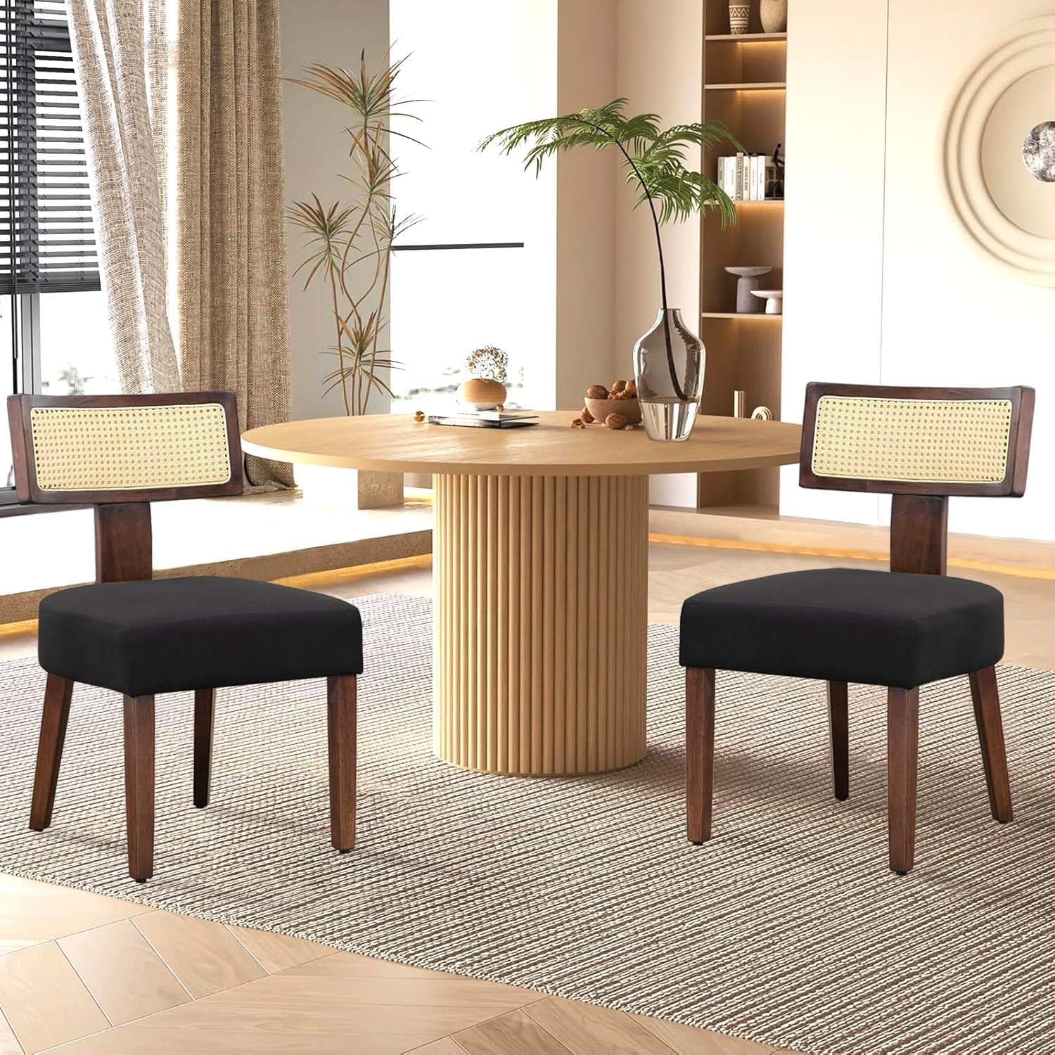 Black Rattan Dining Room Chairs Set of 2, Modern Cane Kitchen Chair ...