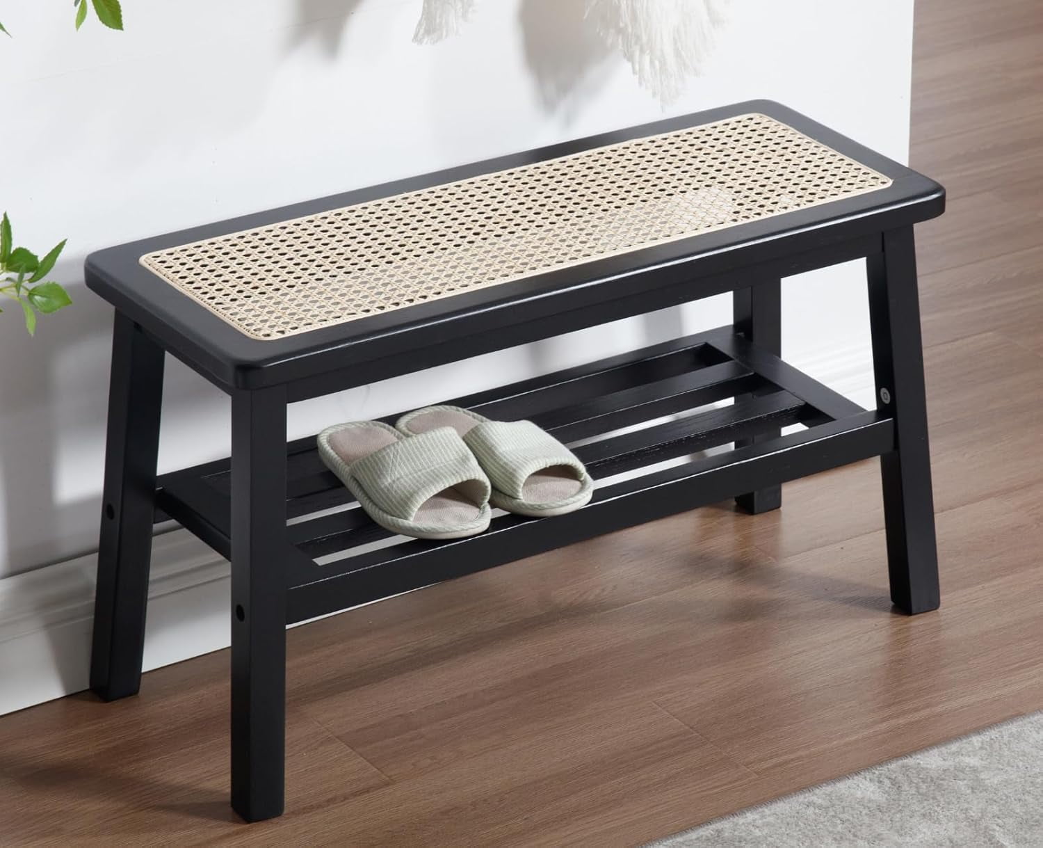 Black Rattan Entryway Bench Wood Bench with Shoe Rack 30 Inch Small ...