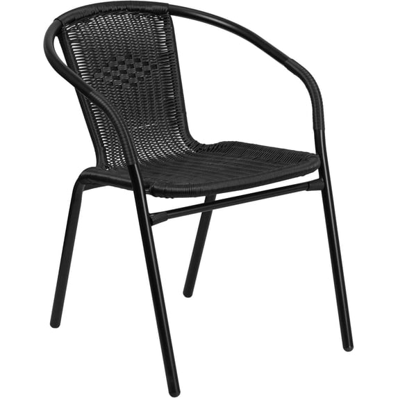 Black Rattan Indoor-Outdoor Stackable Dining Chair with Curved Back ...