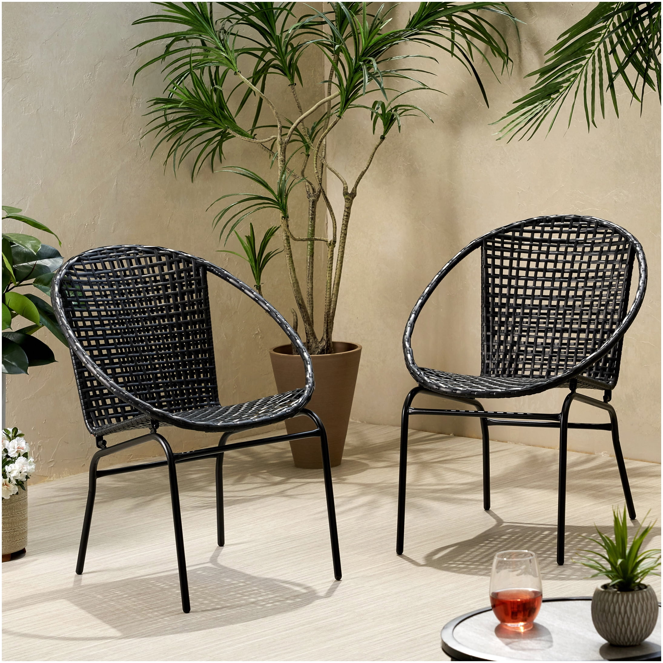 Black Rattan JAVA CHAIR, Outdoor Patio Dining Chair with Ergonomic Back ...