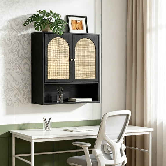 Black Rattan Medicine Cabinet Wall Mounted, Arched Modern Farmhouse ...