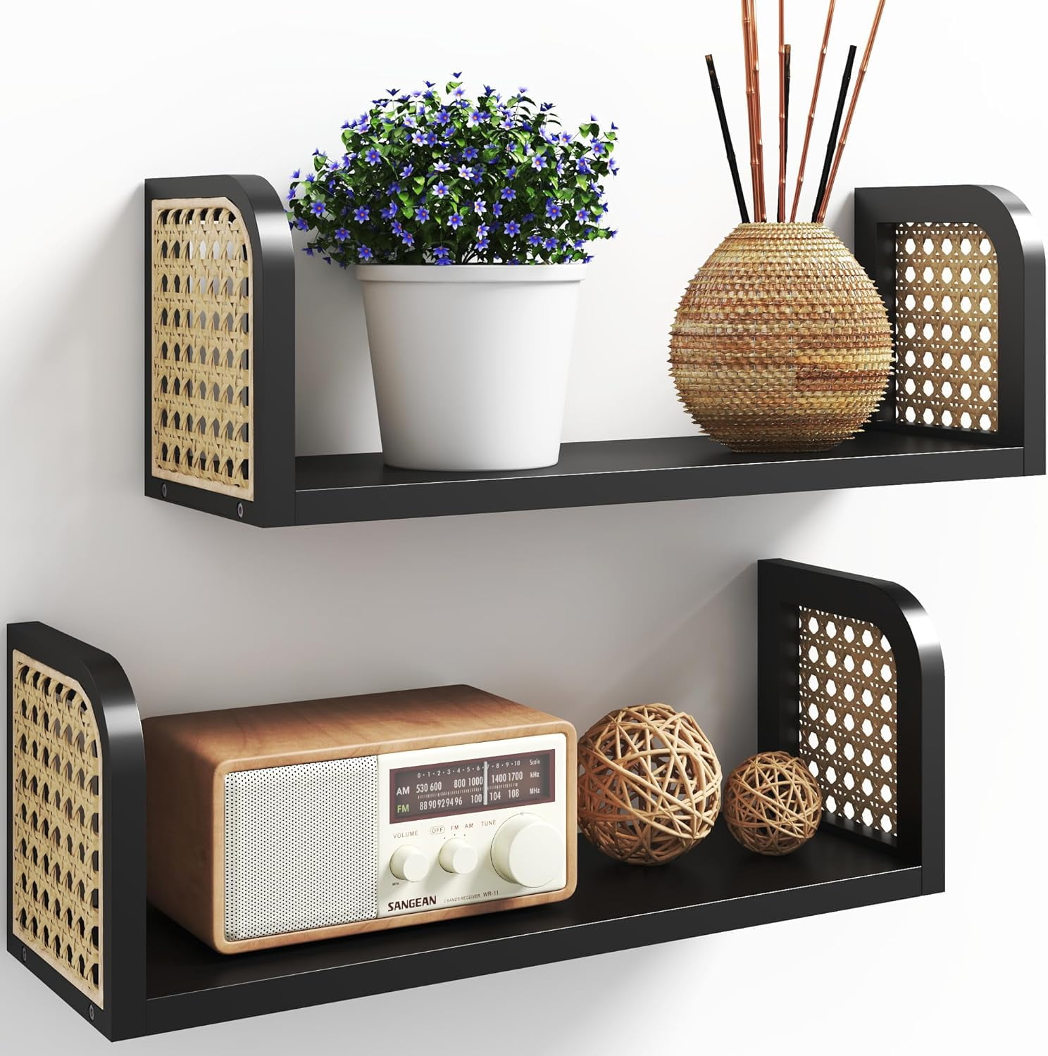 Black Rattan Shelf Set of 2, Nursery Shelves Wall Mounted, Natural ...