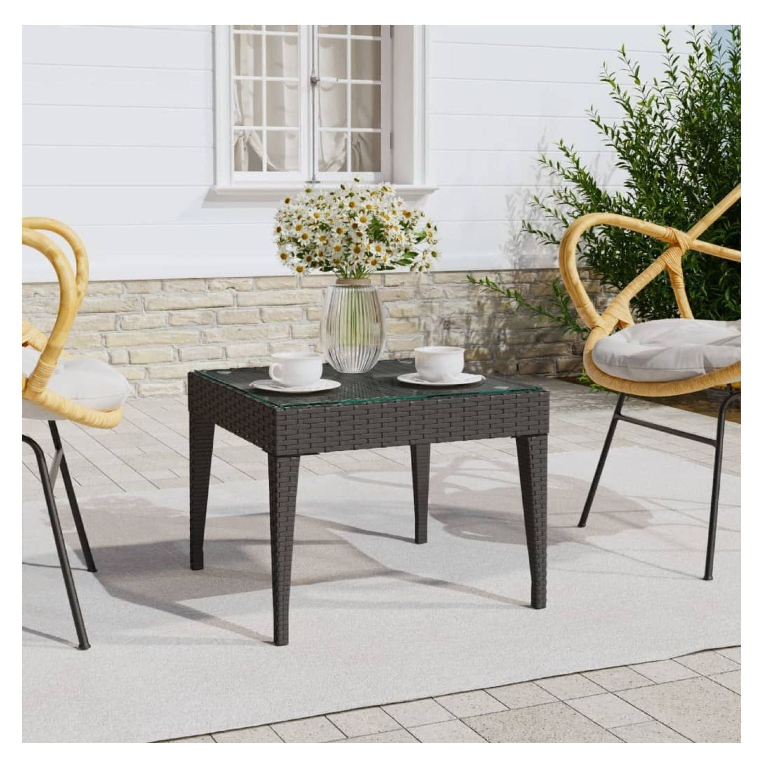 Black Rattan Side Table - 19.7"x19.7"x15" Tempered Glass Top - Indoor ...