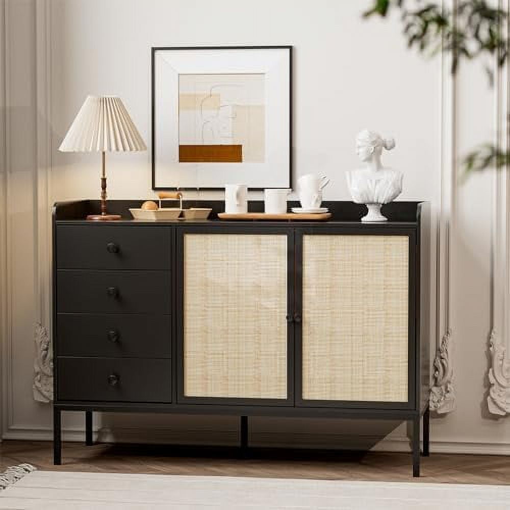 Black Rattan Sideboard Buffet Cabinet with Accent Cabinet with 2 Doors ...
