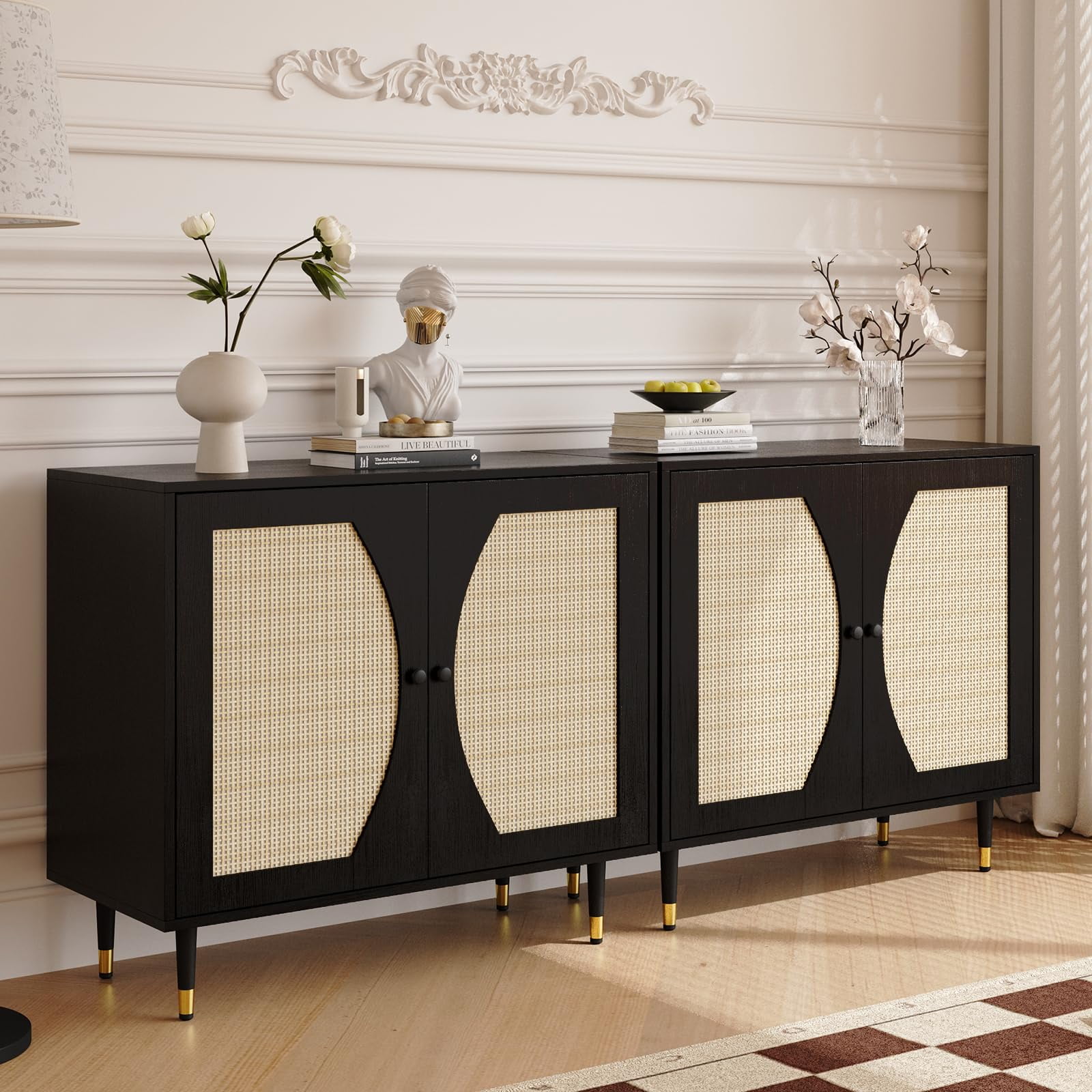 Black Rattan Sideboard Cabinet with Doors, Rattan Buffet Cabinet with ...