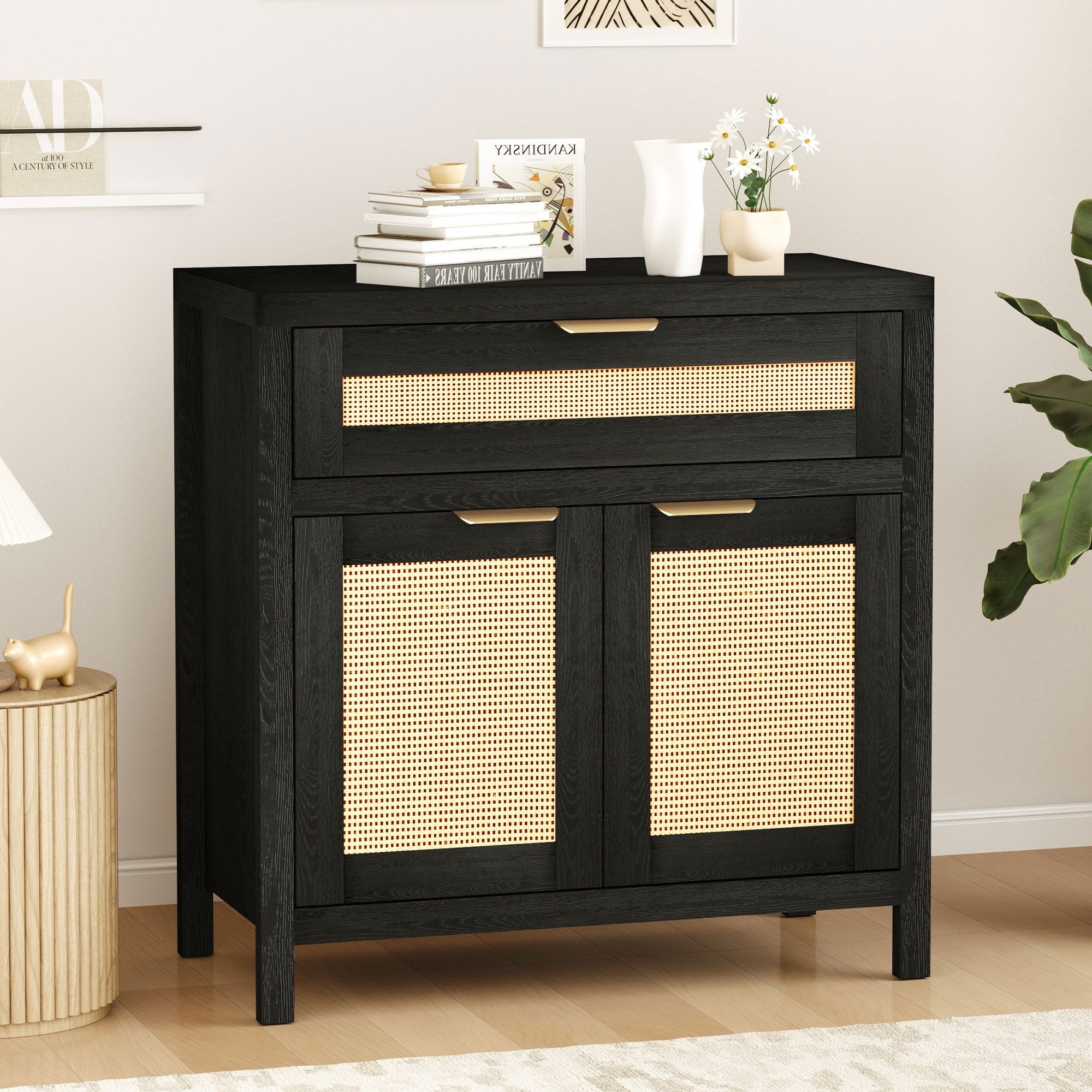 Black Rattan Sideboard Cabinet with Drawer - Boho Buffet Credenza with ...