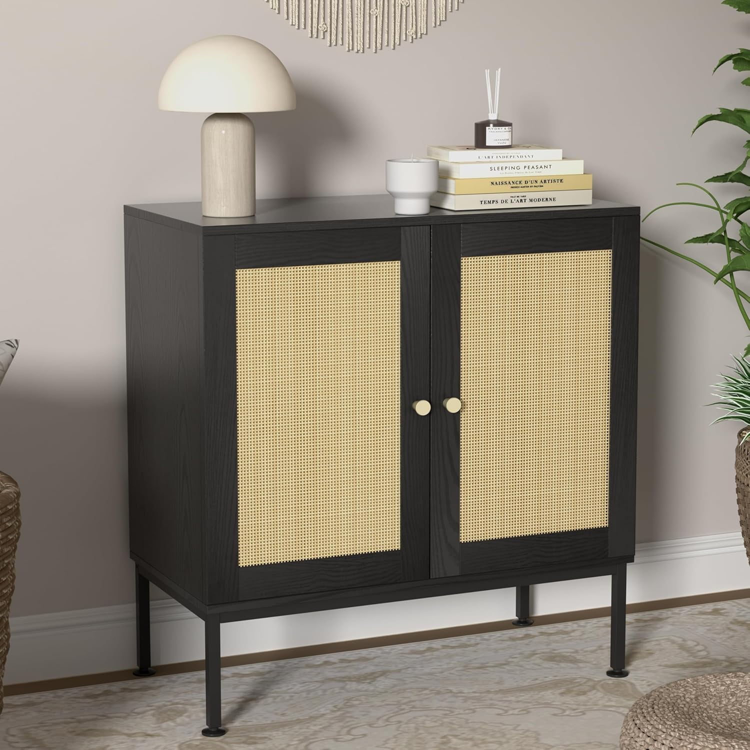 Black Rattan Sideboard, Set of 2 Rattan Storage Cabinet with Doors ...