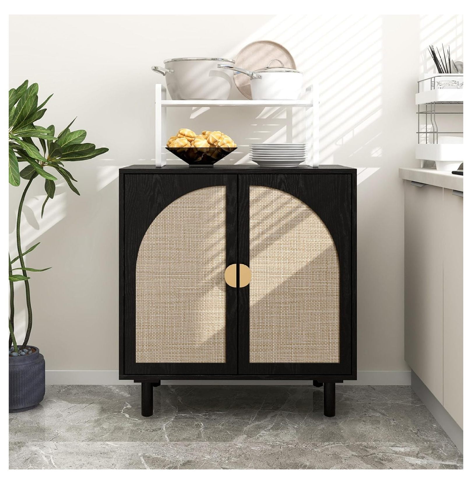 Black Rattan Storage Buffet Cabinet with 2 Door,Sideboard Storage with ...