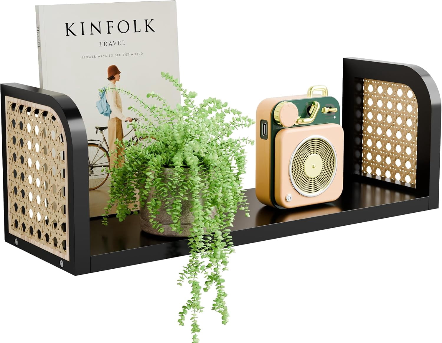 Black Rattan Wall Shelf, Hanging Book Shelves for Wall, Decorative ...