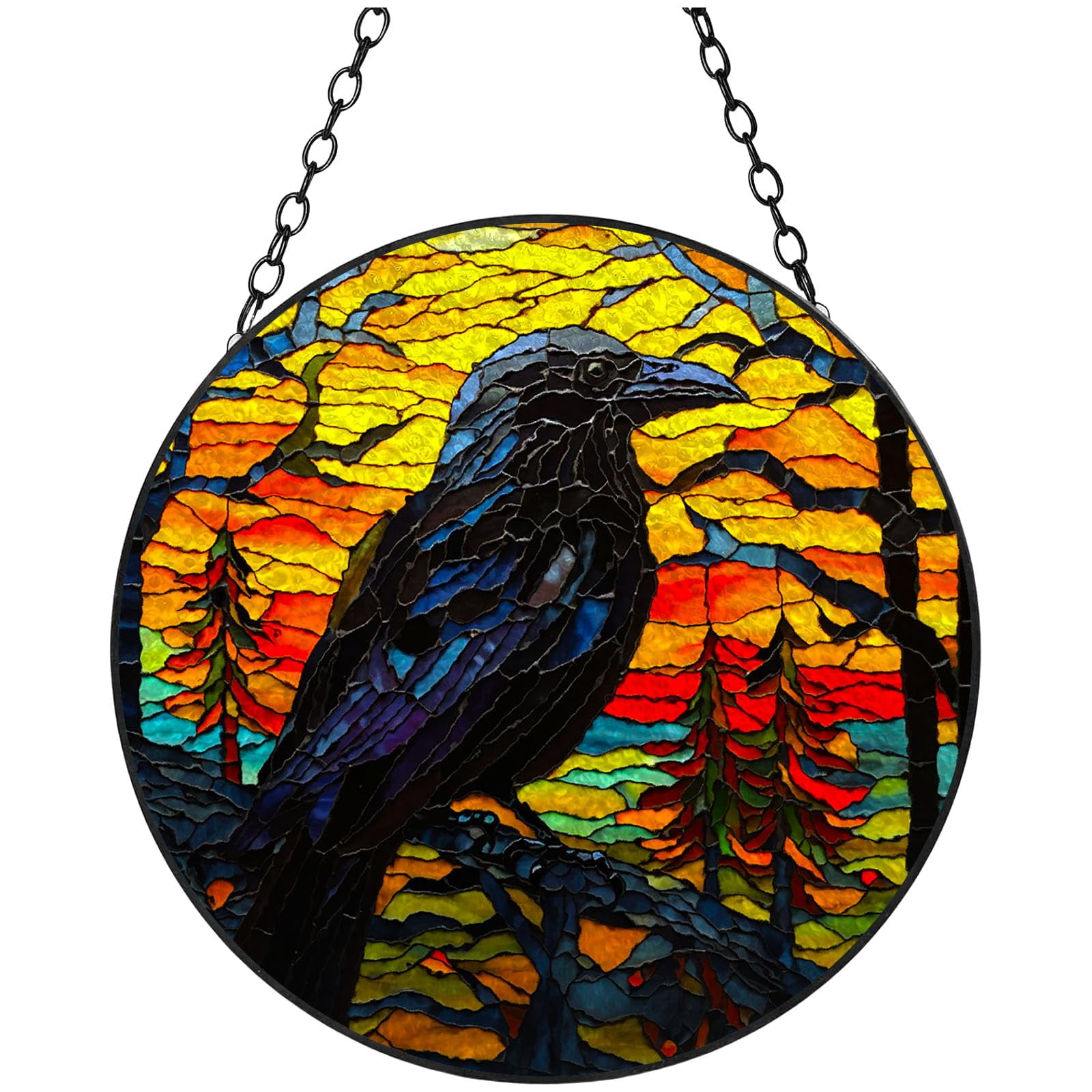 Black Raven on Branch Night Moon Stained Glass Suncatcher Handmade ...