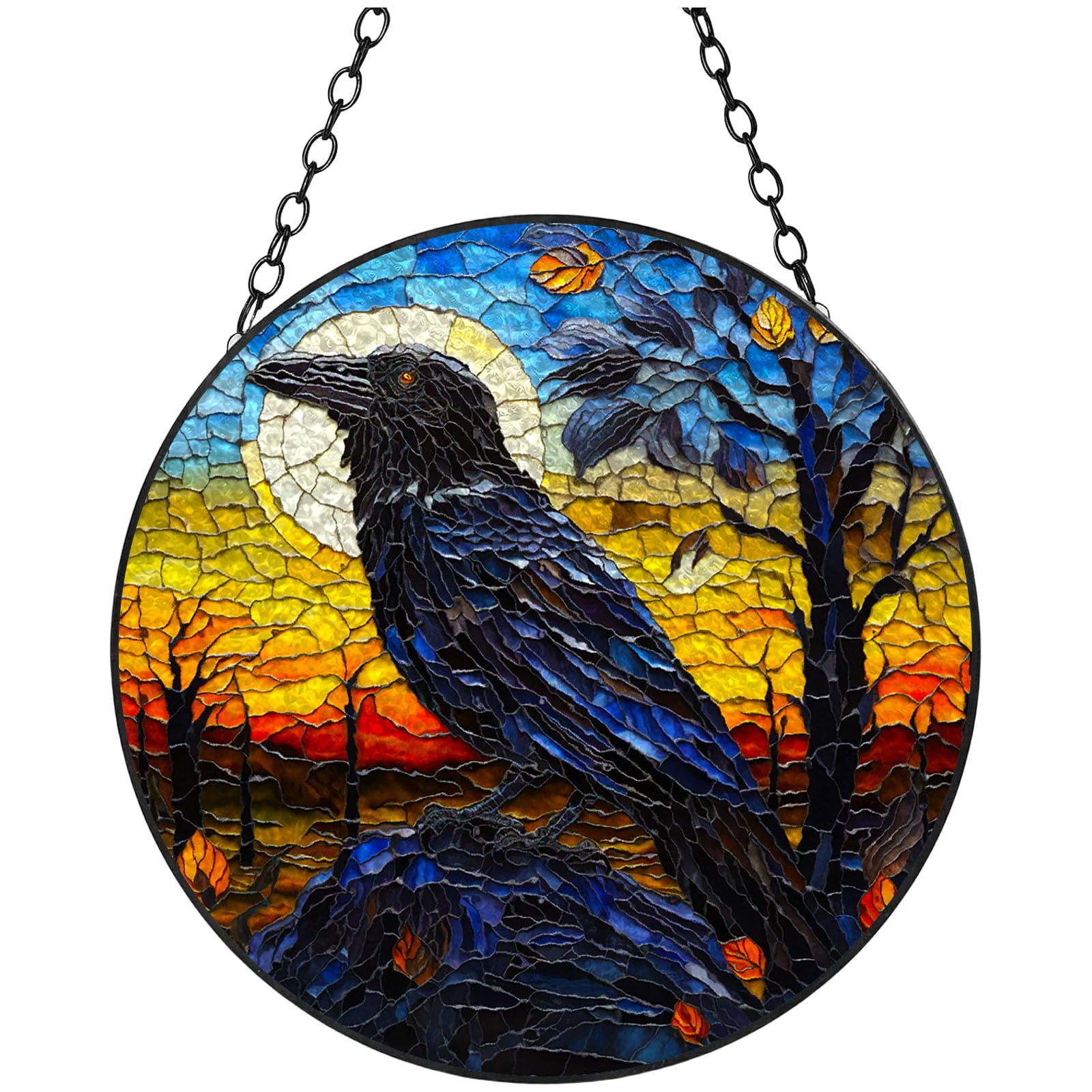 Black Raven on Branch Night Moon Stained Glass Suncatcher Handmade ...