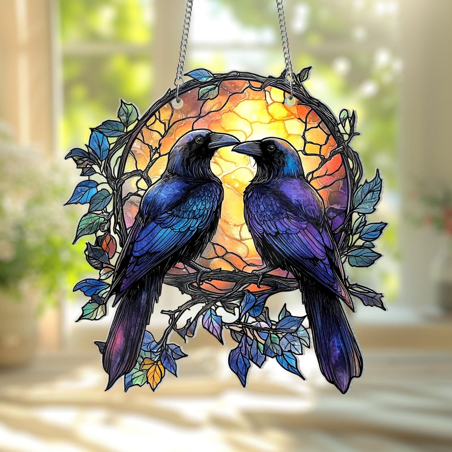 Black Raven Faux Stained Glass Suncatcher, Gothic Crow and Rose ...