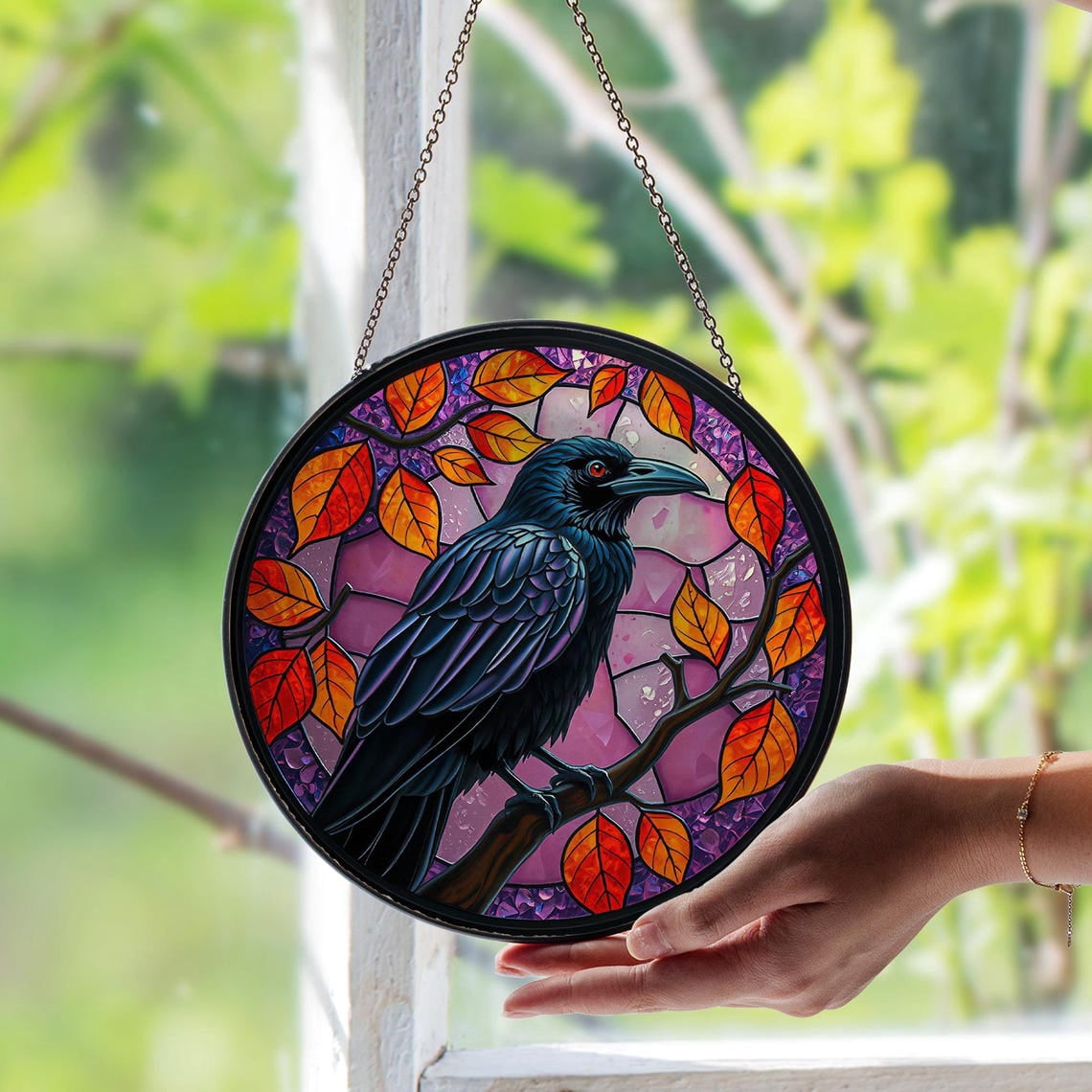 Black Raven Glass Suncatcher, Gothic Raven Window Hanging, Crow Art, 6. ...