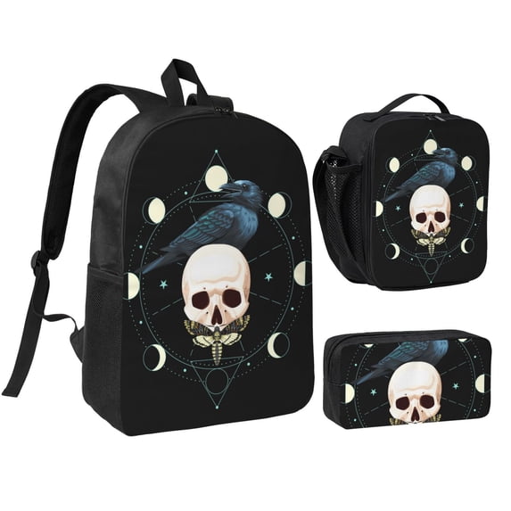Black Raven Skull Moth Moon 17-inch Laptop Backpack 3-Piece Set with ...