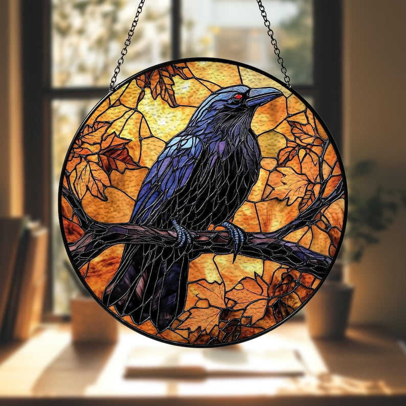 Black Raven Stained Glass Suncatcher, Gothic Crow Window Hangings For ...