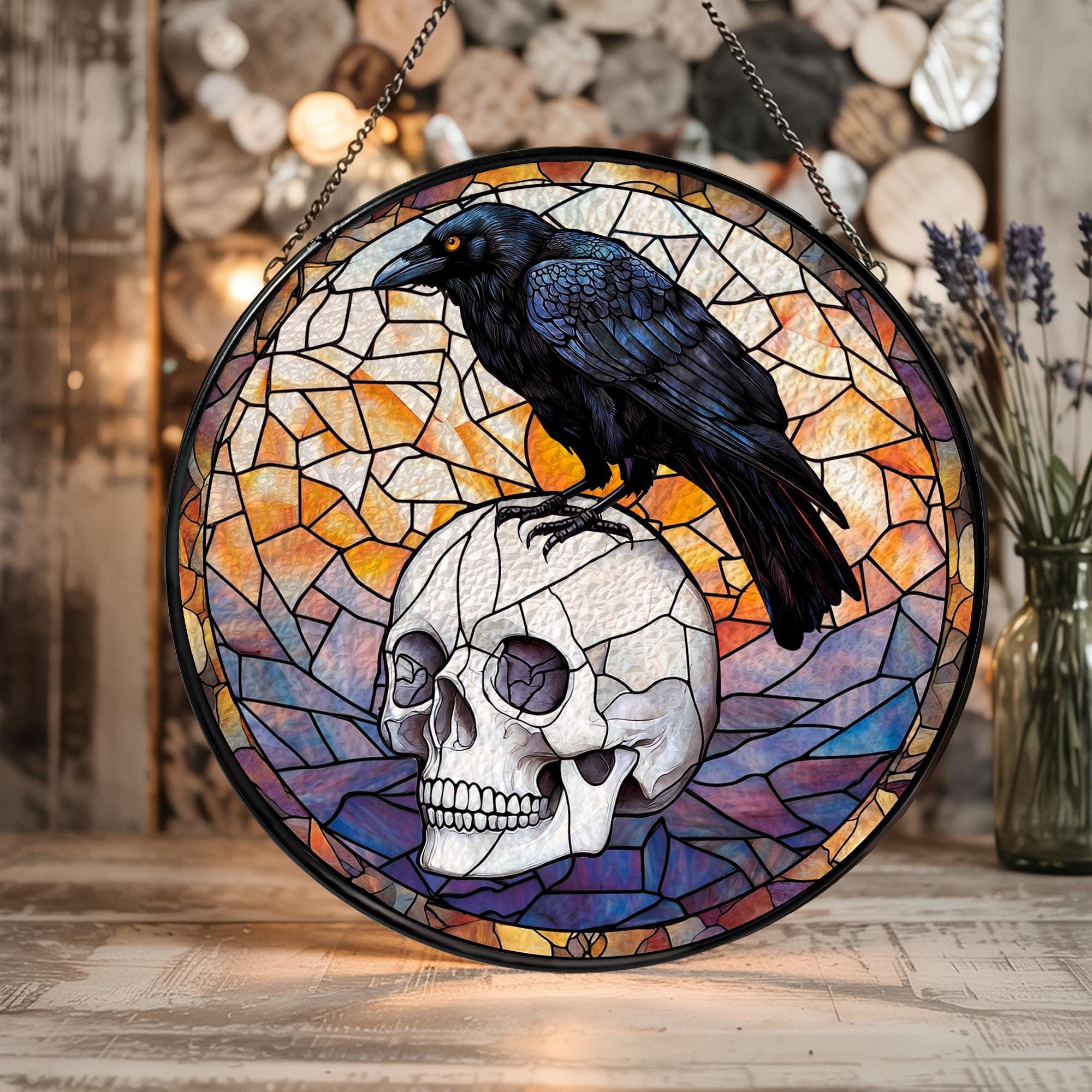 Black Raven Stained Glass Suncatcher, Skull Halloween Window Hangings ...