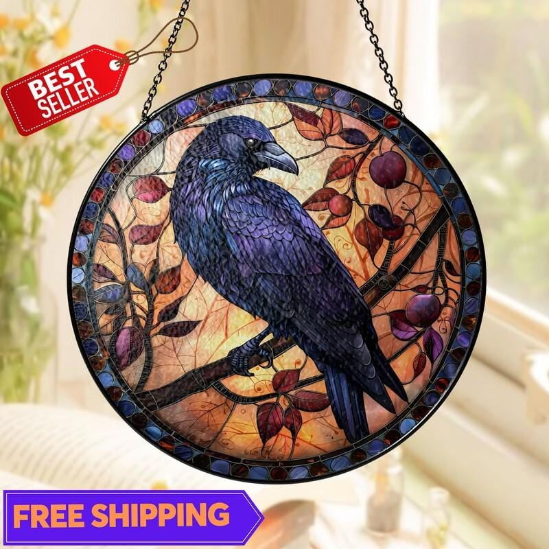 Black Raven Suncatcher, Glass-Effect Gothic Crow Window Hanging Gift ...