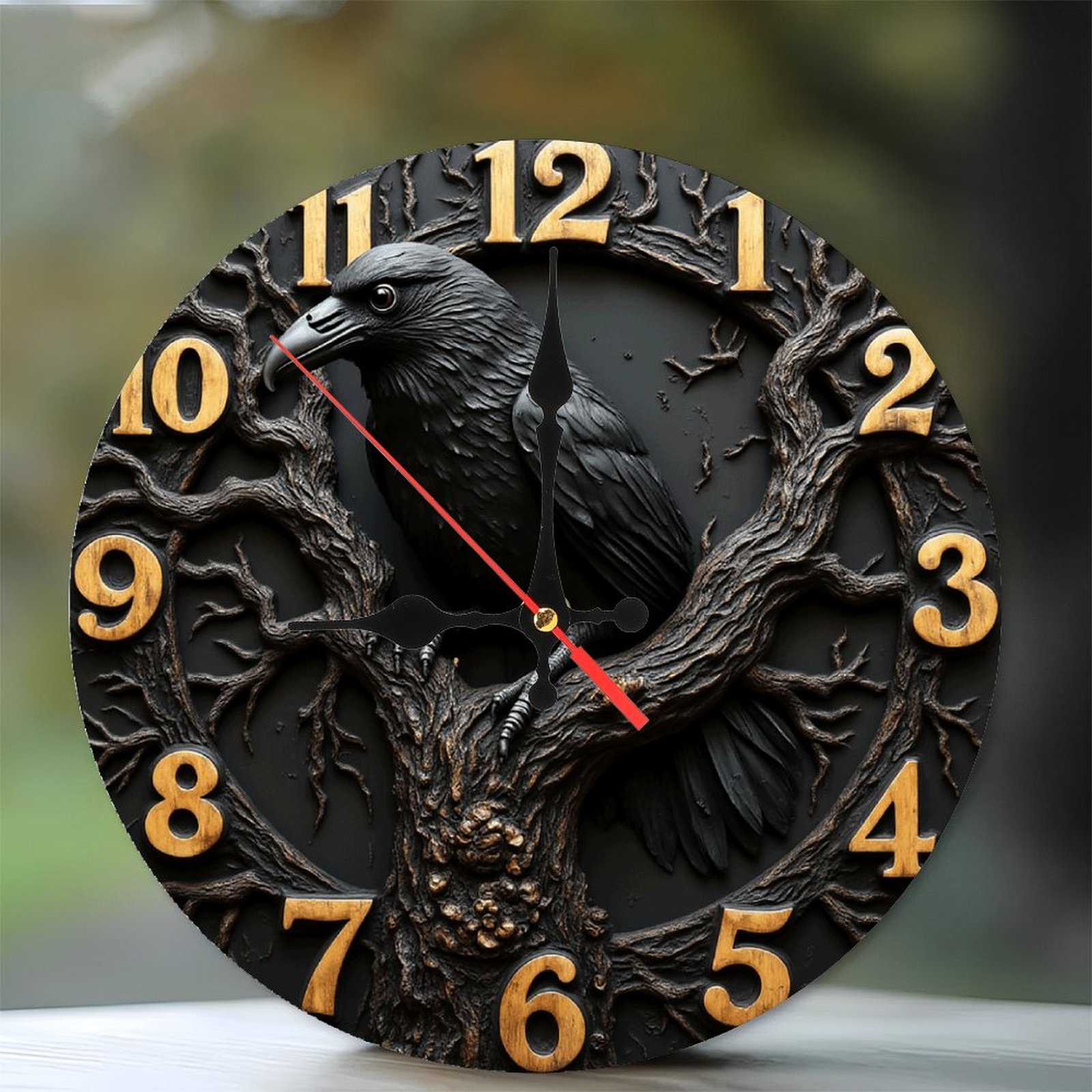 Black Raven Wall Clock with Tree Branch Design 10-Inch Silent Wooden ...