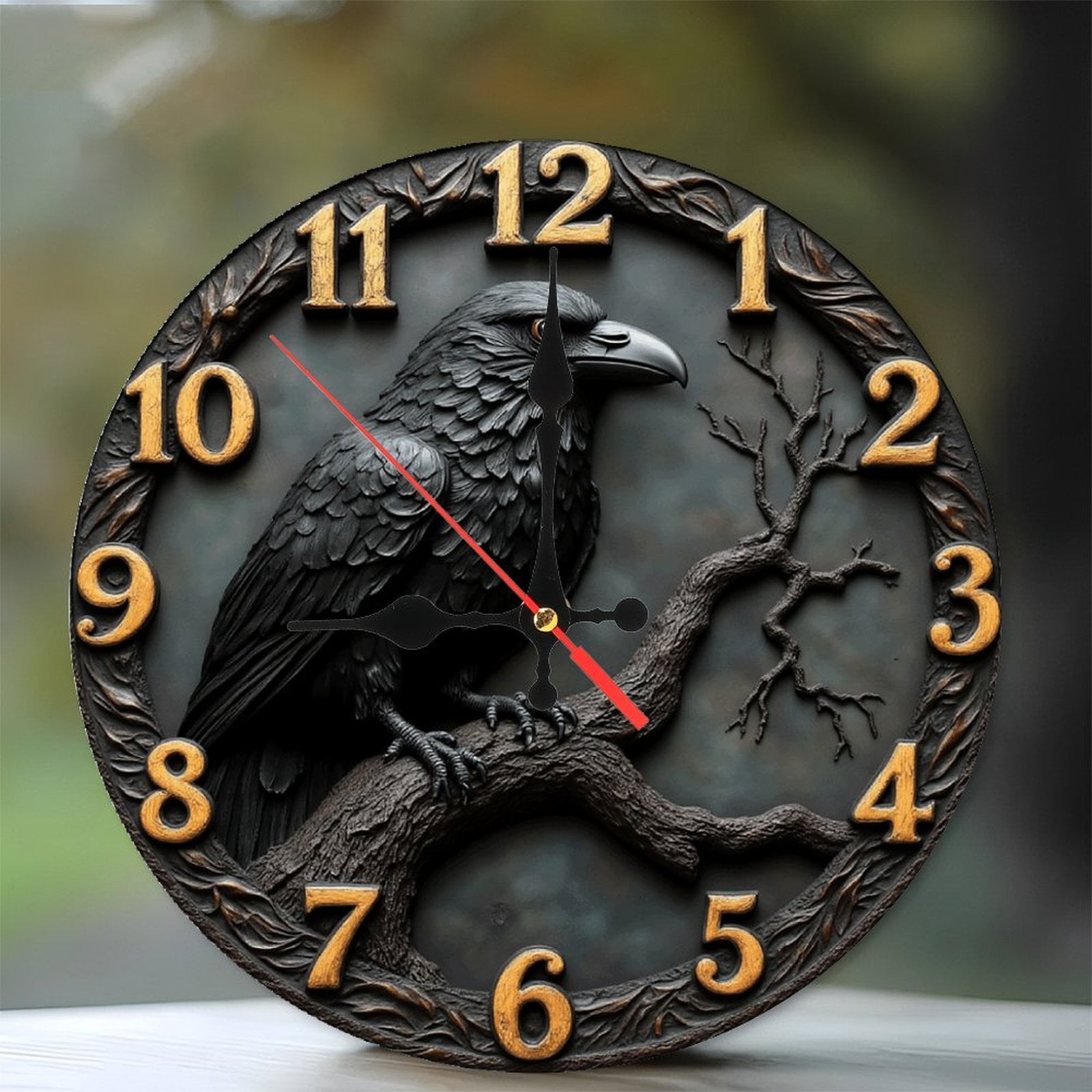 Black Raven Wall Clock with Tree Design 10-Inch Silent Wooden Wall ...