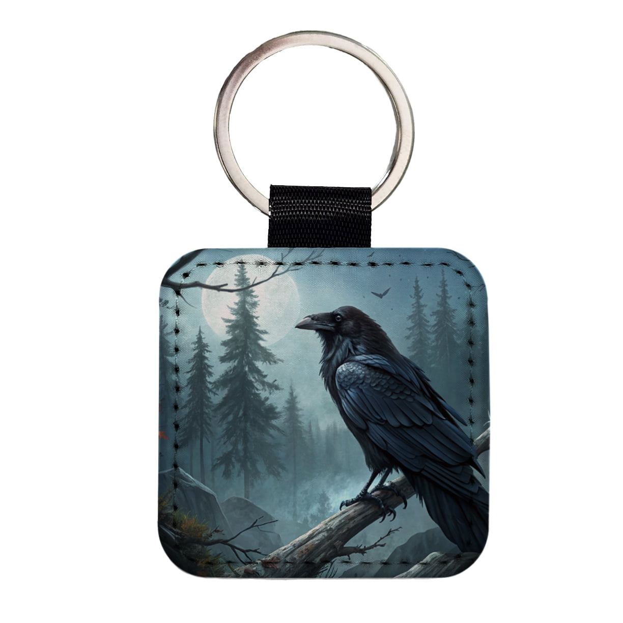 Black Raven at Night Under a Full Moon Faux Leather Square Keychain ...