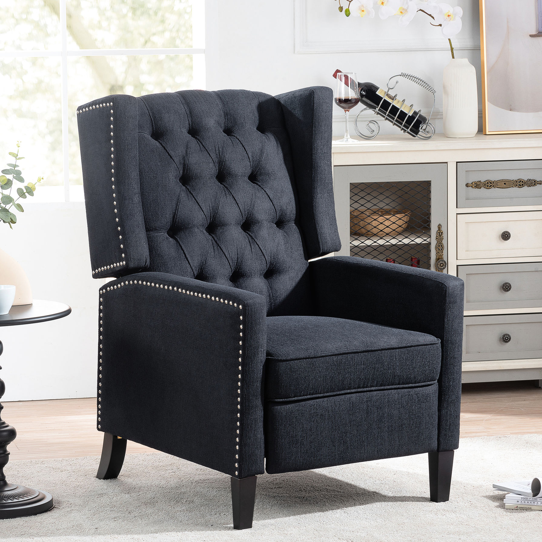 Black Reclining Wing Chair - High - Quality Fabric with Dirt Resistance ...