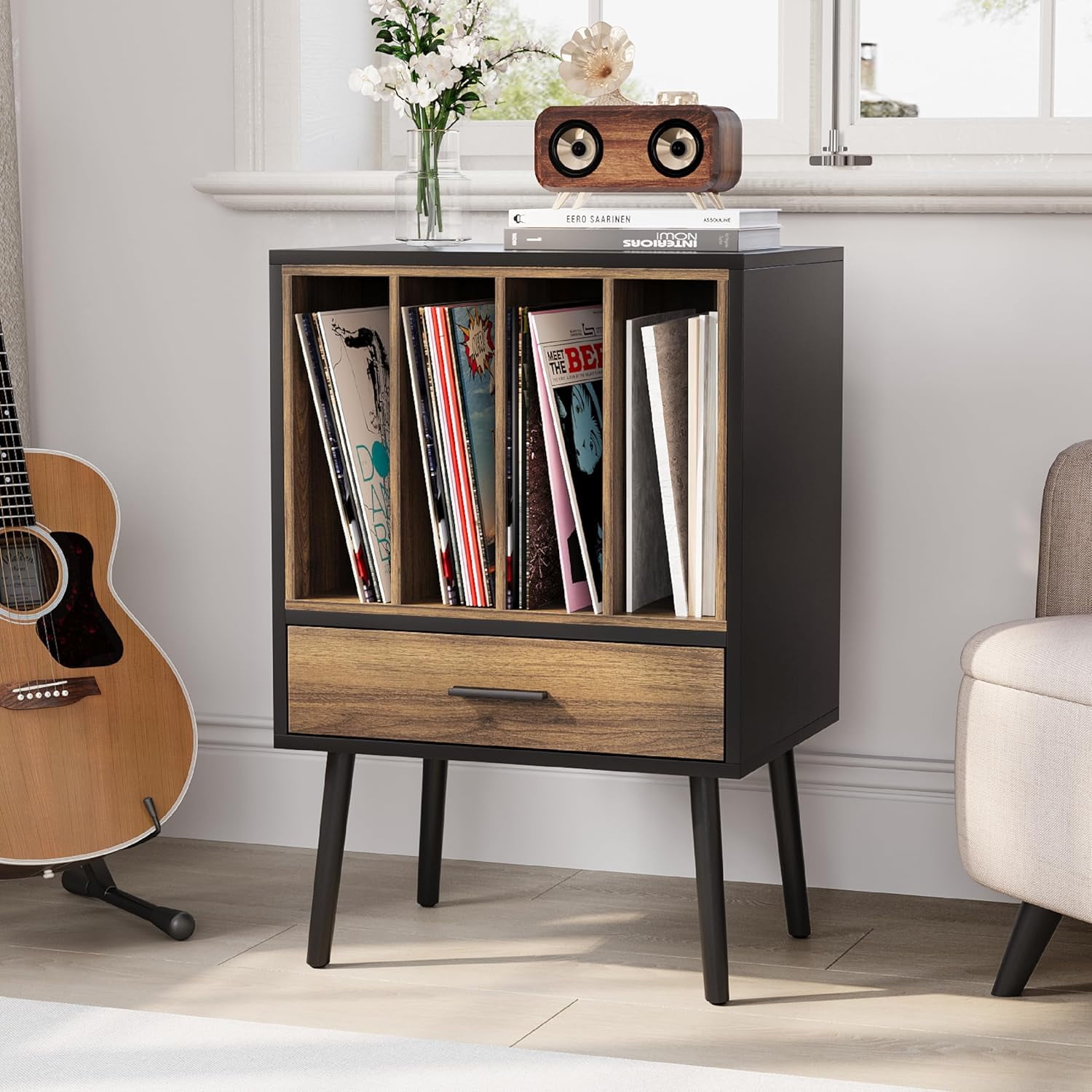 Black Record Player Stand with Nesting Vinyl Storage Crate, Vinyl ...