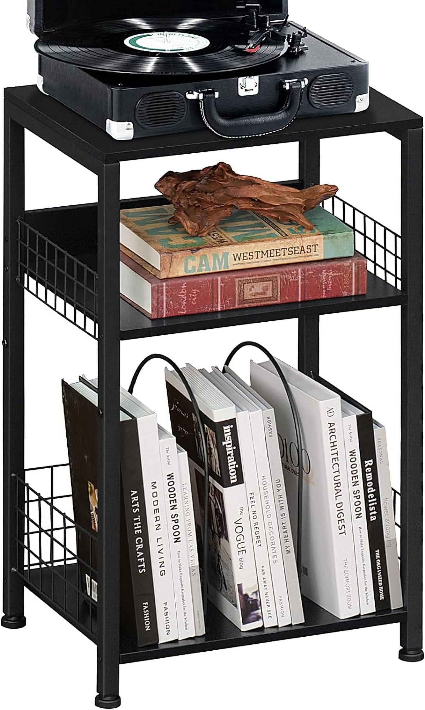 Black Record Player Stand, Tall Turntable Stand with Vinyl Storage ...