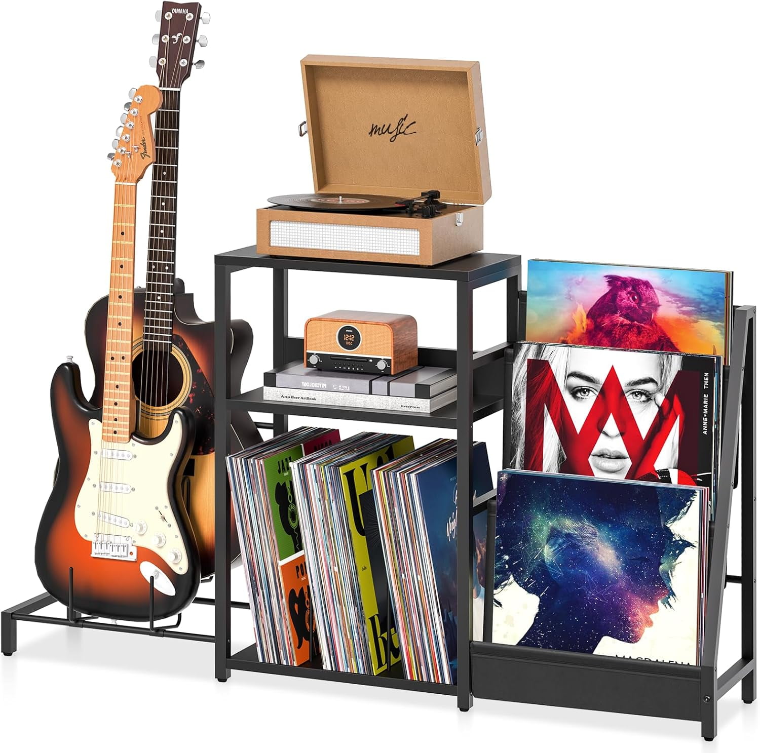 Black Record Player Stand with Vinyl Display Shelf Storage Up to 150 ...