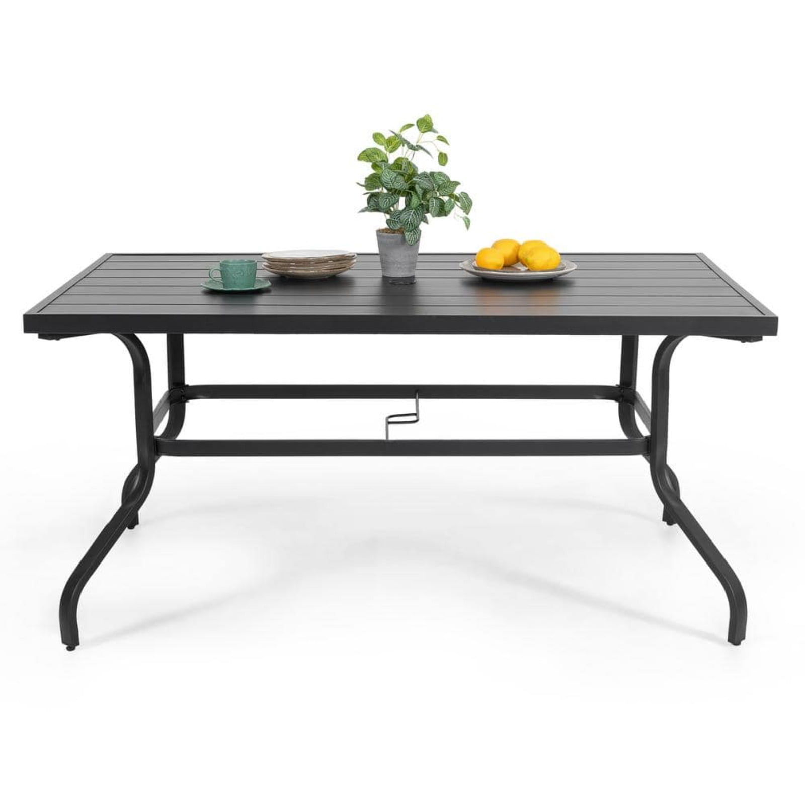Black Rectangle Metal Outdoor Patio Dining Table with Umbrella Hole ...